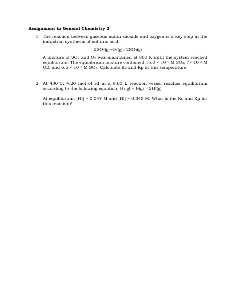 Chemical Equilibrium Assignment: Kc and Kp Calculations