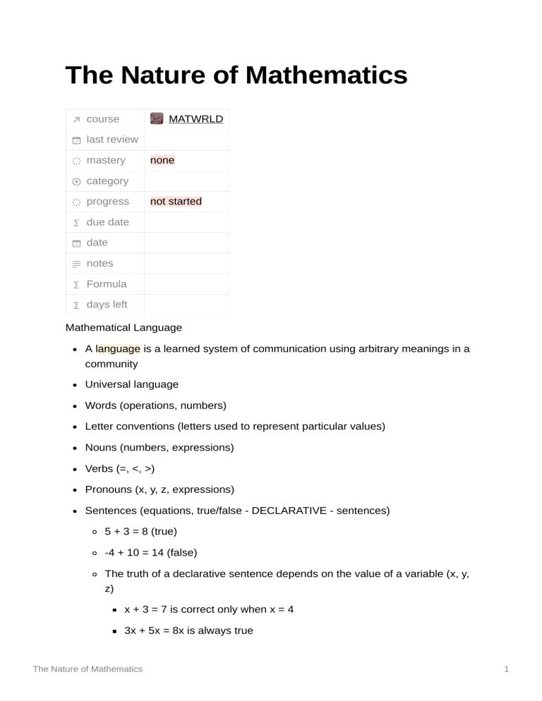 Nature of Mathematics: Language & Logic