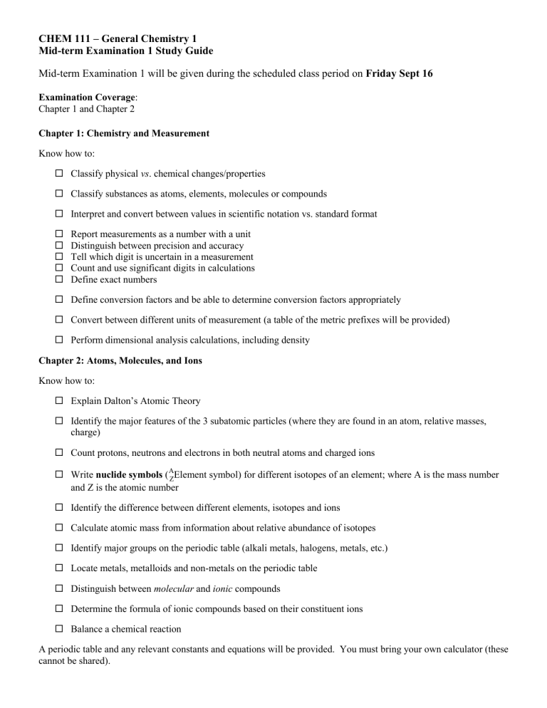 General Chemistry 1 Midterm Exam Study Guide