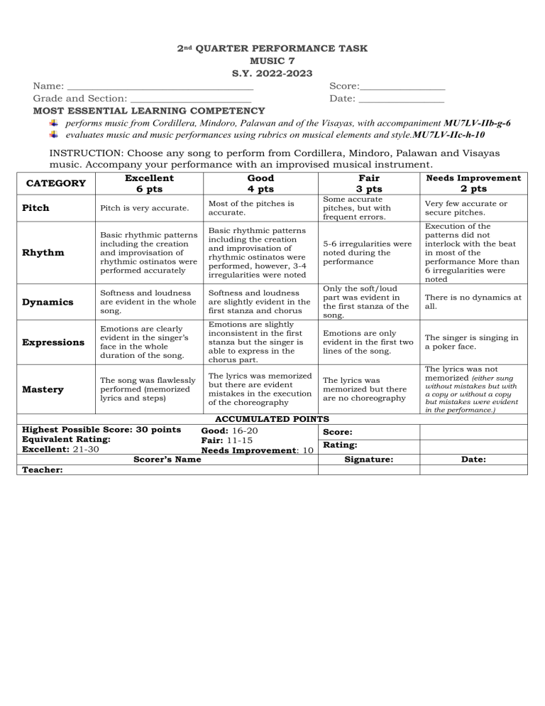 Music 7 Performance Task Rubric