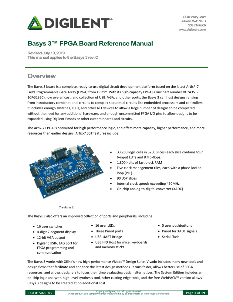 Basys 3 FPGA Board Reference Manual