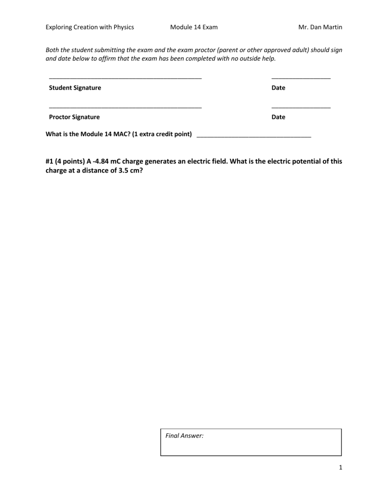 Module 14 Physics Exam: Electric Potential & Energy