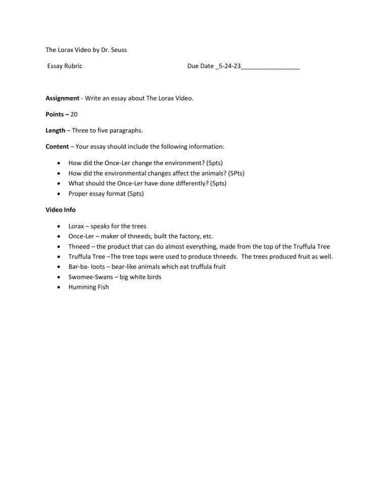 The Lorax Video Essay Rubric