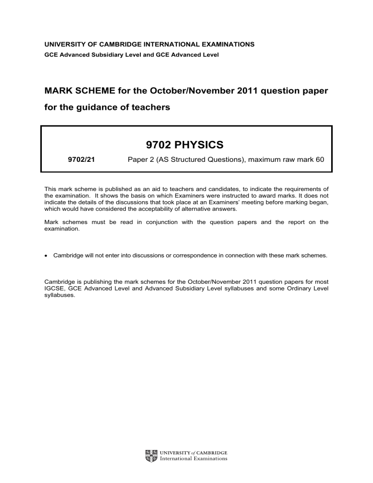 9702 Physics Mark Scheme Oct/Nov 2011