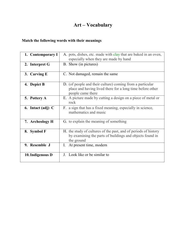 Art Vocabulary Worksheet: Definitions & Matching