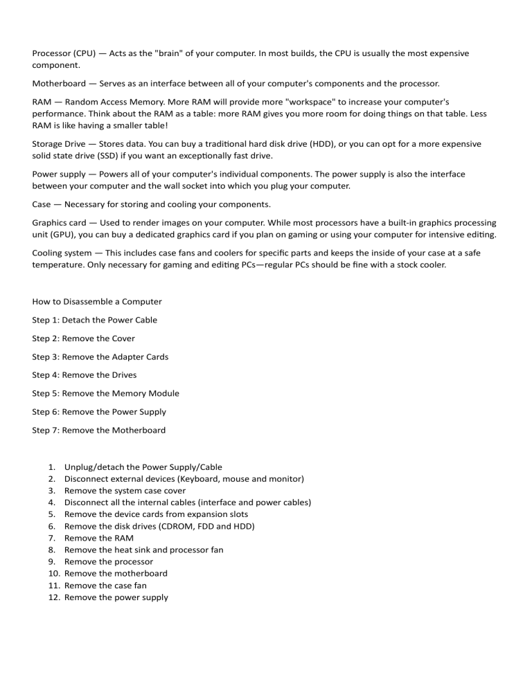 Computer System Parts & Disassembly Worksheet