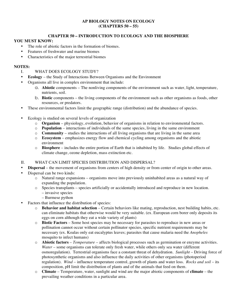 AP Biology Ecology Notes: Chapters 50-55