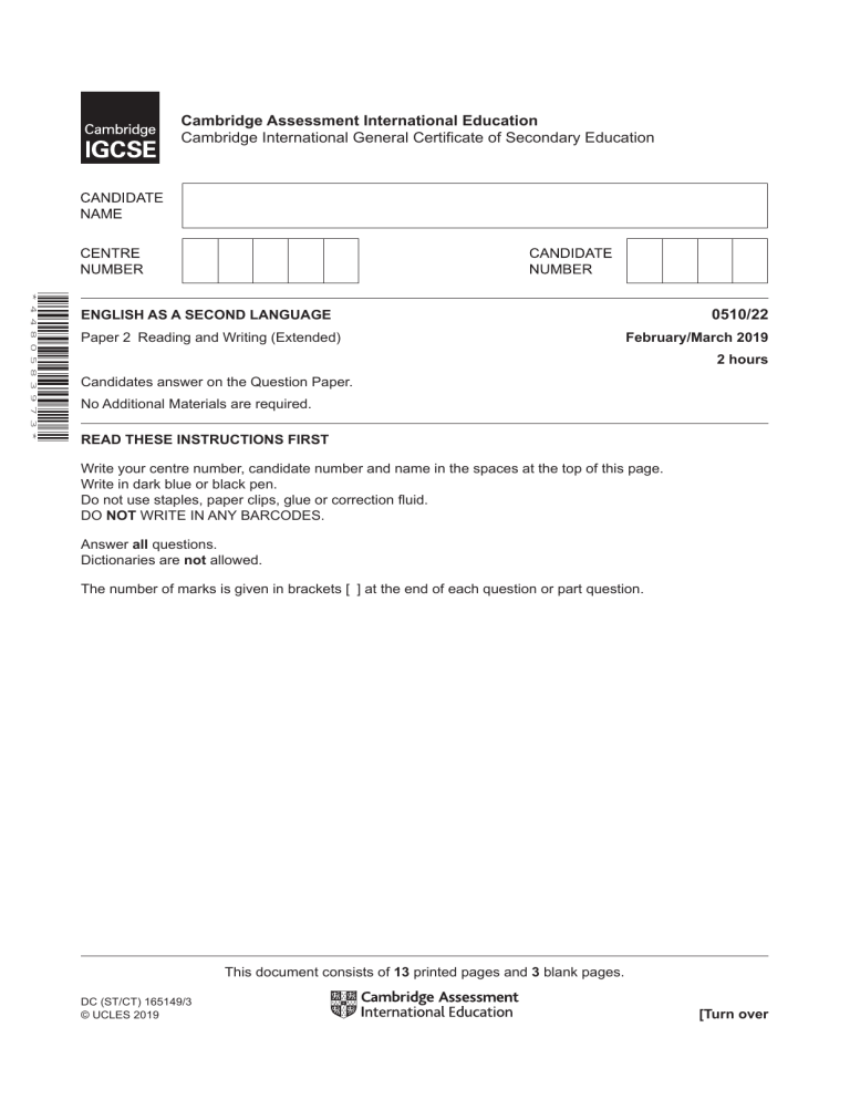 IGCSE English Exam Paper: Reading & Writing (Extended)