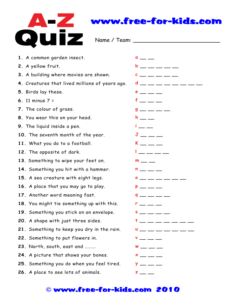 A-Z Quiz for Kids