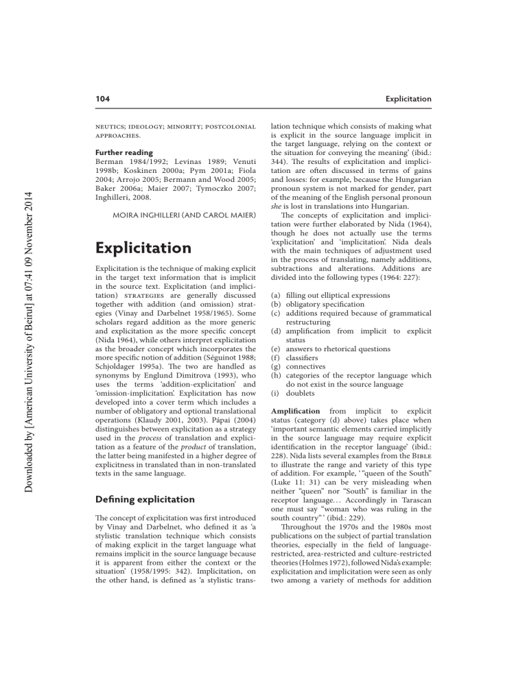 Explicitation in Translation Studies