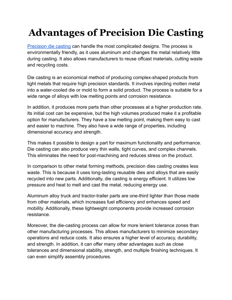 Precision Die Casting: Advantages & Benefits Explained