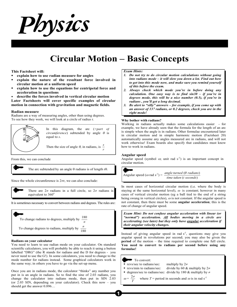 Circular Motion: Radian Measure, Centripetal Force, Angular Speed
