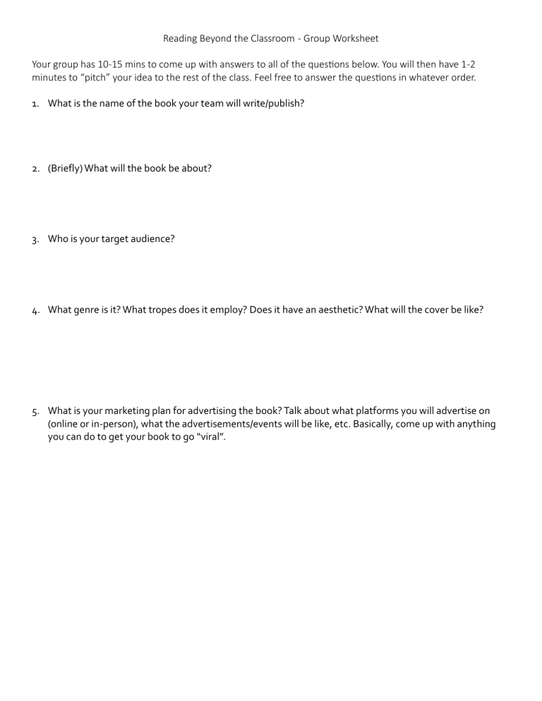 Reading Group Worksheet: Book Creation & Marketing