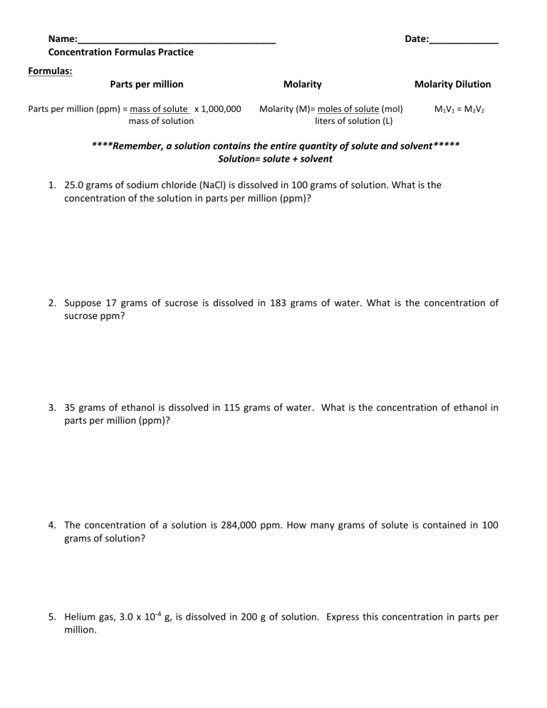 Concentration Formulas Practice: PPM & Molarity