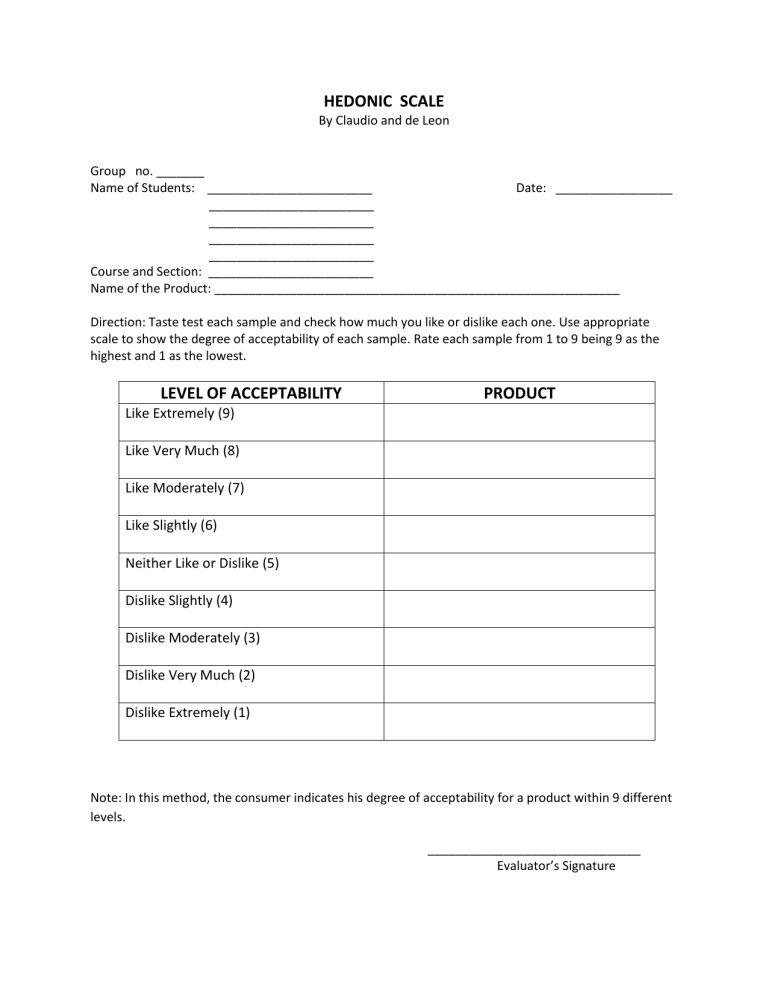 Hedonic Scale Form for Taste Testing