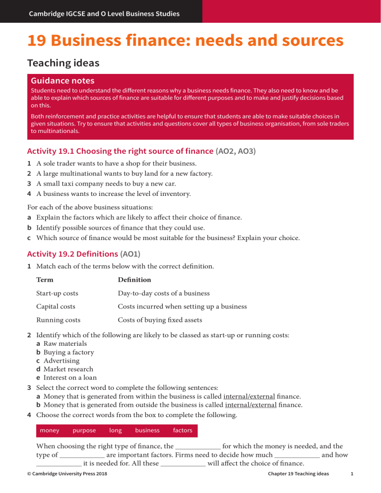 Business Finance: Needs & Sources - IGCSE/O Level Teaching