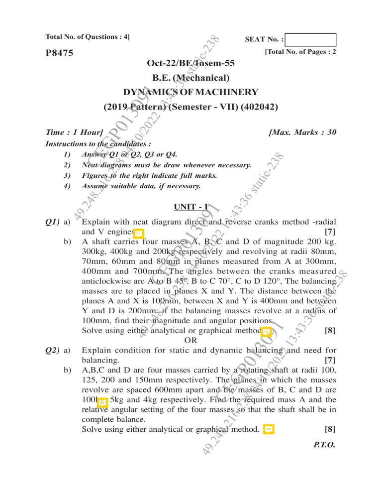 Dynamics of Machinery Exam Paper