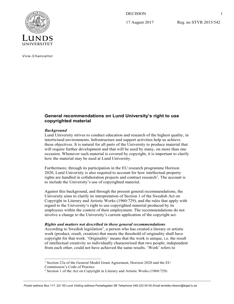 Lund University Copyright Recommendations