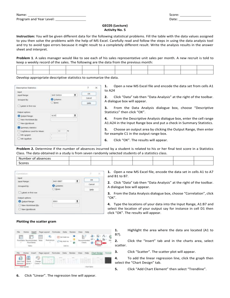 Statistics Activity Sheet: Descriptive & Correlation Analysis