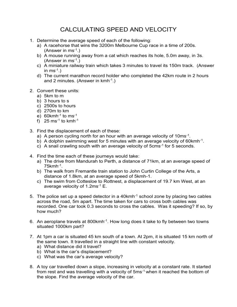 Speed and Velocity Calculations Worksheet