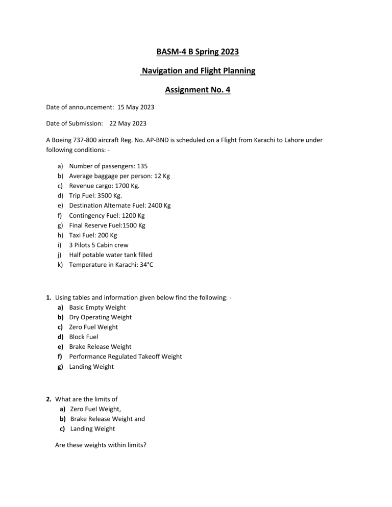 Flight Planning Assignment: Aircraft Weight Calculations