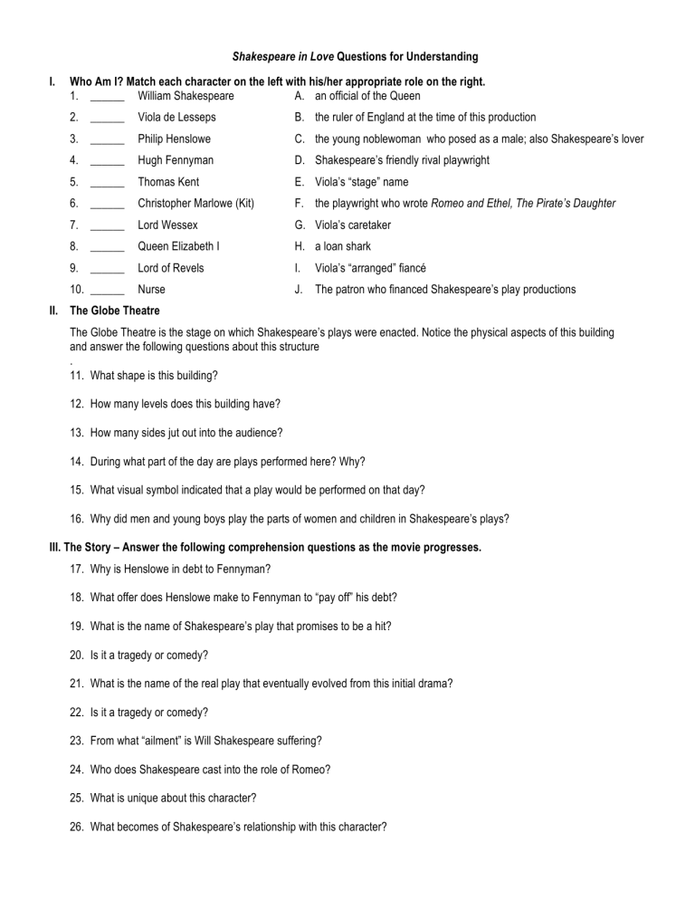Shakespeare in Love Movie Worksheet