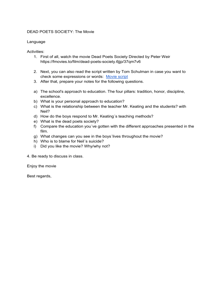Dead Poets Society Movie Activity Guide