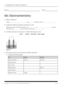 Electrochemistry Worksheet: IGCSE Chemistry