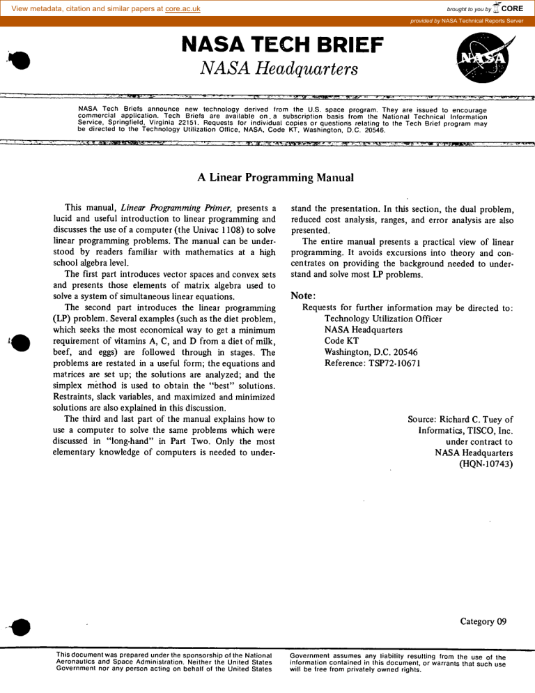 Linear Programming Manual: NASA Tech Brief