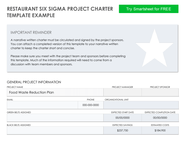 Restaurant Six Sigma Project Charter Template