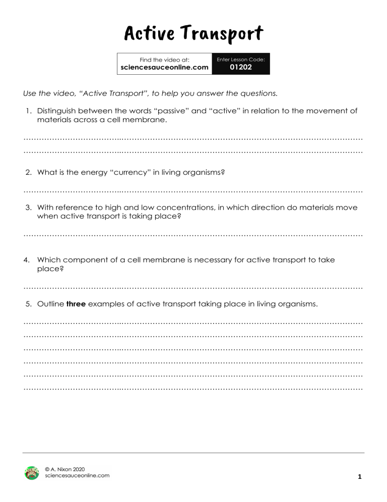 Active Transport Worksheet: Cell Biology