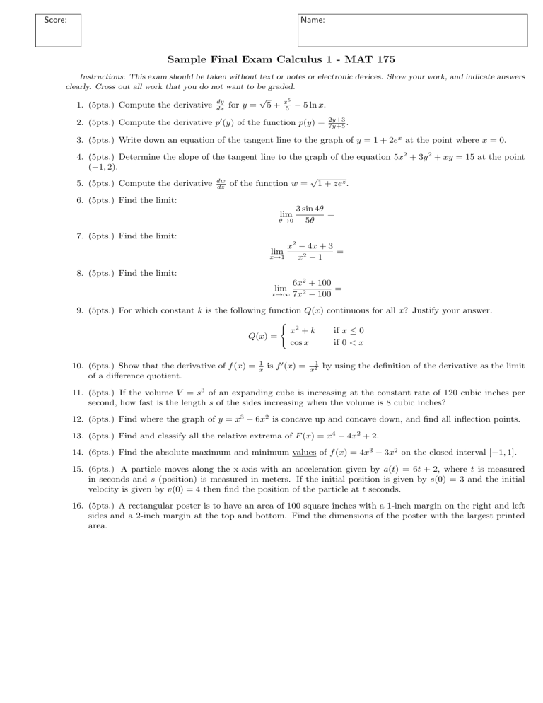 Calculus 1 Sample Final Exam - Derivatives, Limits, Optimization