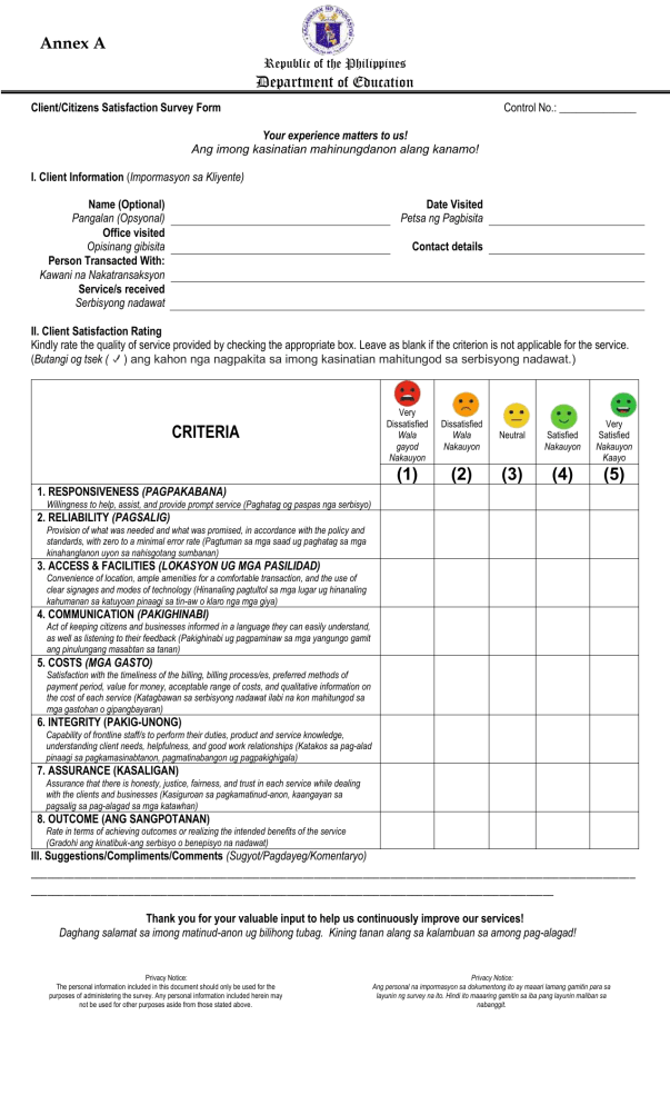 Client Satisfaction Survey Form - Philippines Education