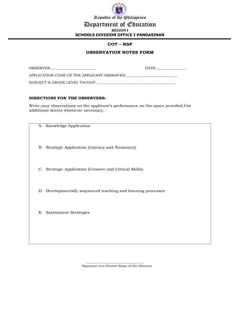 Observation Notes Form - Philippines Education