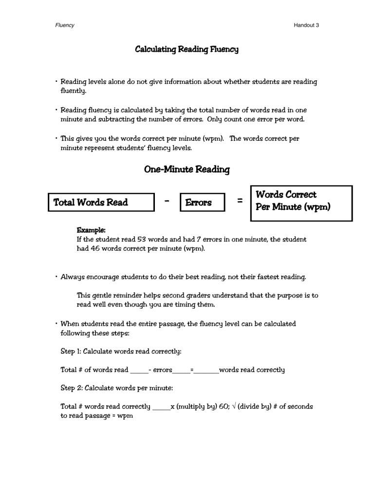 Calculating Reading Fluency Handout