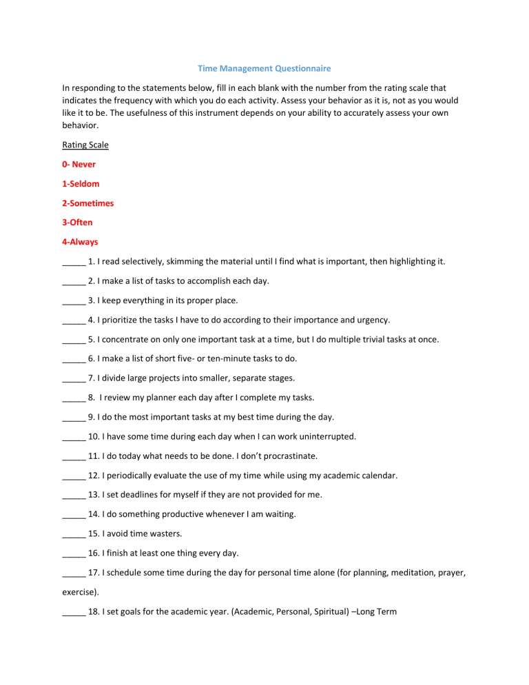 Time Management Questionnaire Self-Assessment