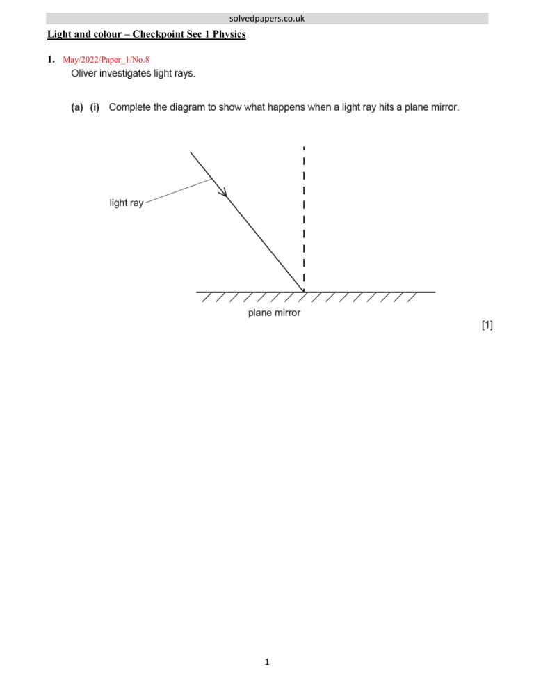 Light and Colour Physics Exam Paper