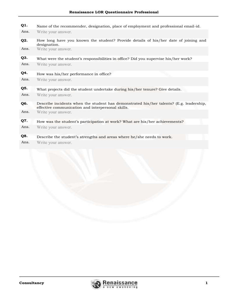 Professional LOR Questionnaire