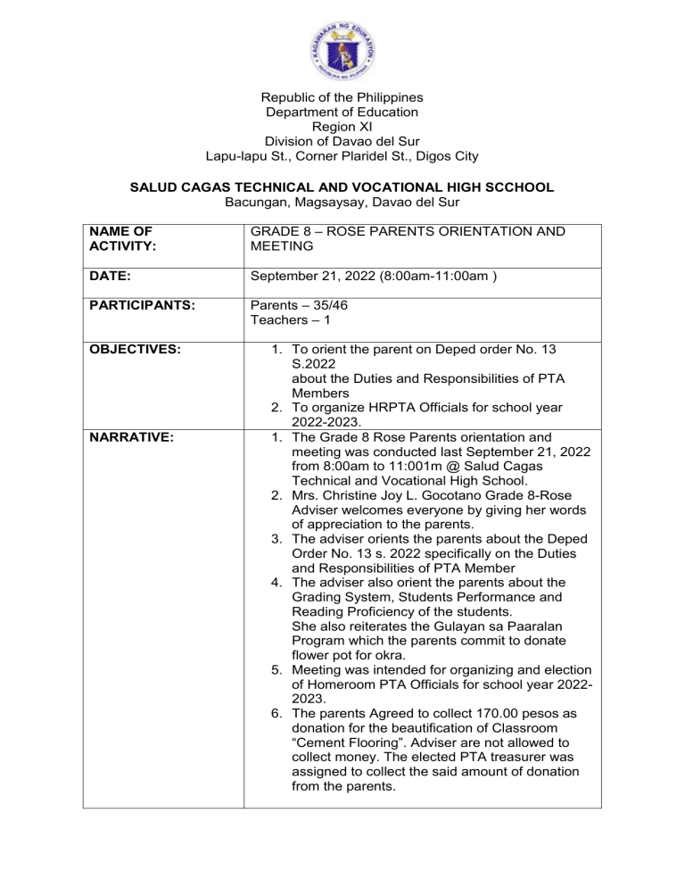 Grade 8 Parents Meeting Minutes