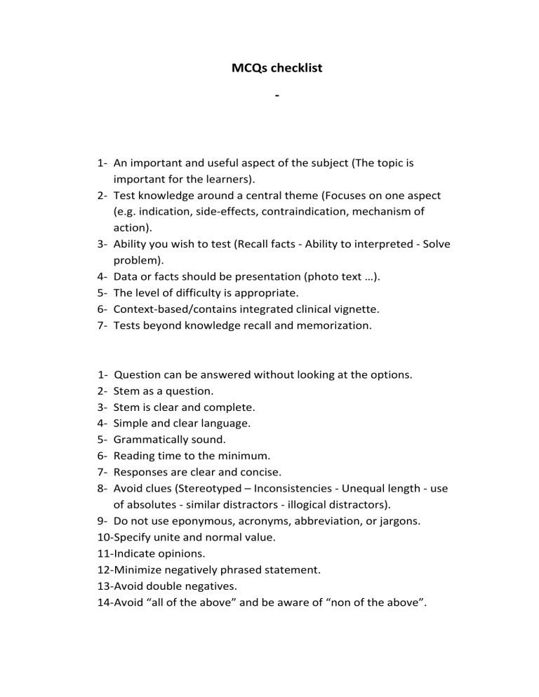 MCQ Checklist: Guidelines for Effective Multiple Choice Questions
