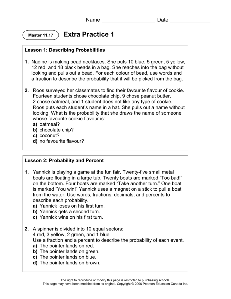 Probability Worksheet: Fractions, Percents, Tree Diagrams