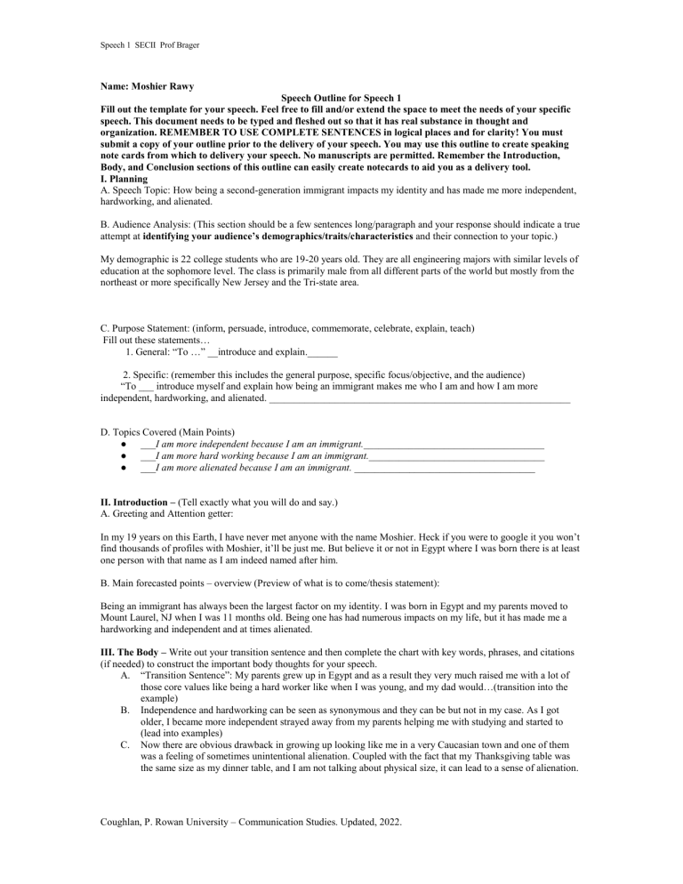 Speech Outline: Immigrant Identity & Independence