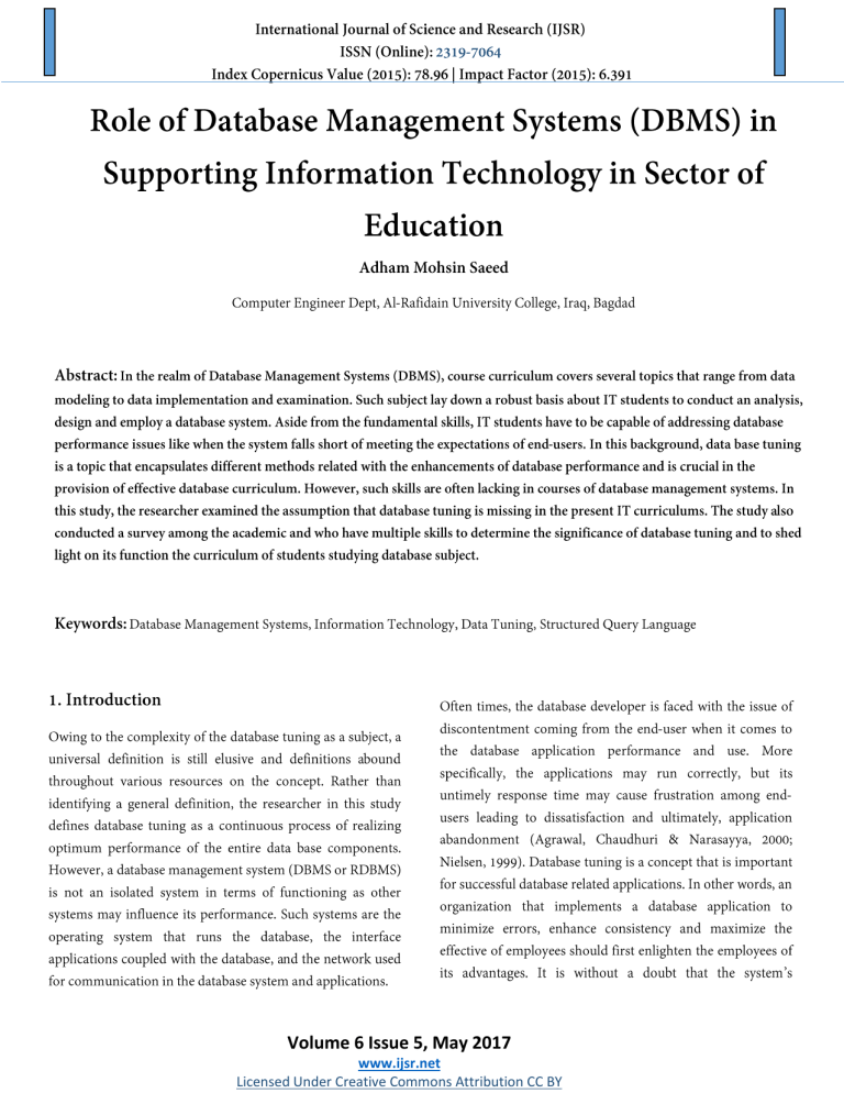 DBMS in Education: Database Tuning Importance
