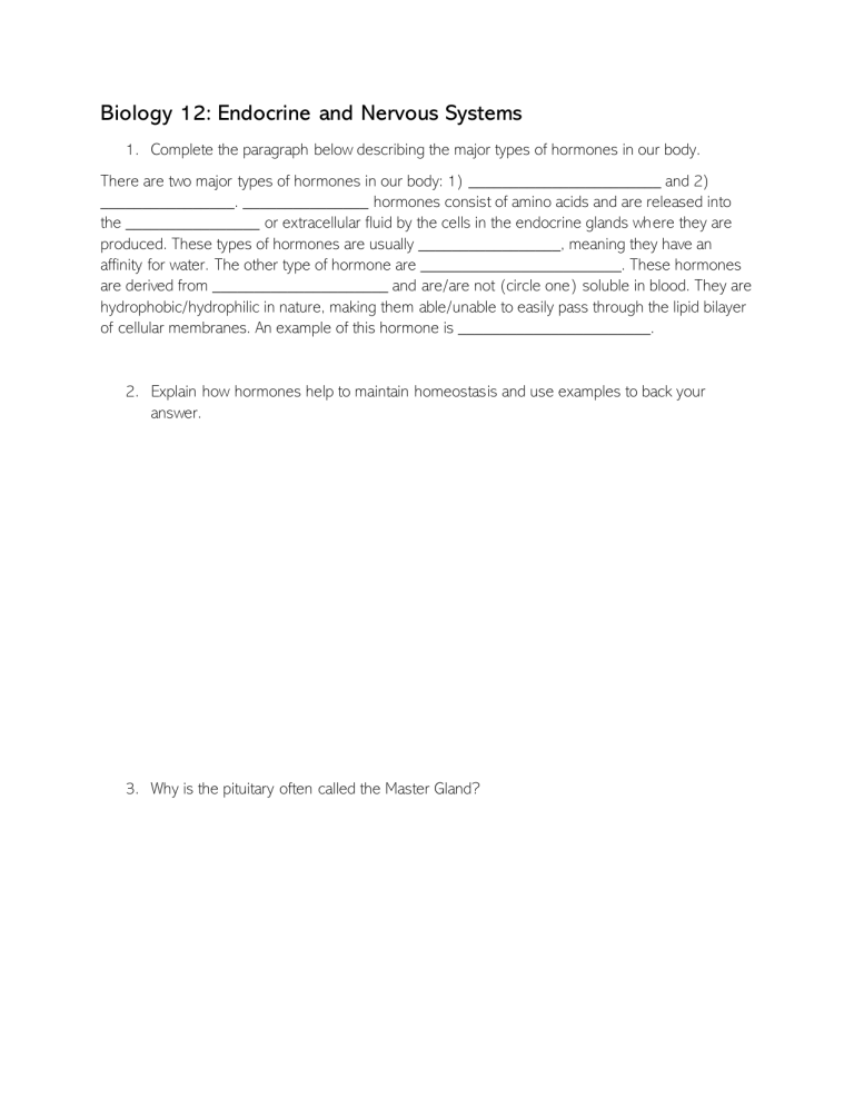 Endocrine & Nervous Systems Worksheet