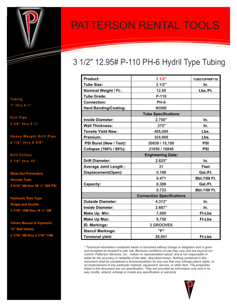 3 1/2" Tubing Specs | Patterson Rental Tools