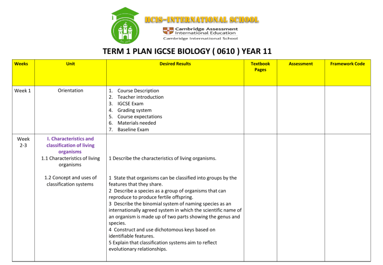 IGCSE Biology Year 11 Term 1 Course Plan