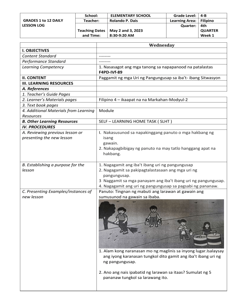 Grade 4 Filipino Daily Lesson Log: Sentence Types