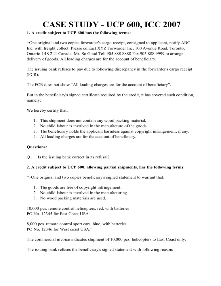 UCP 600 Case Study: Letter of Credit Discrepancies