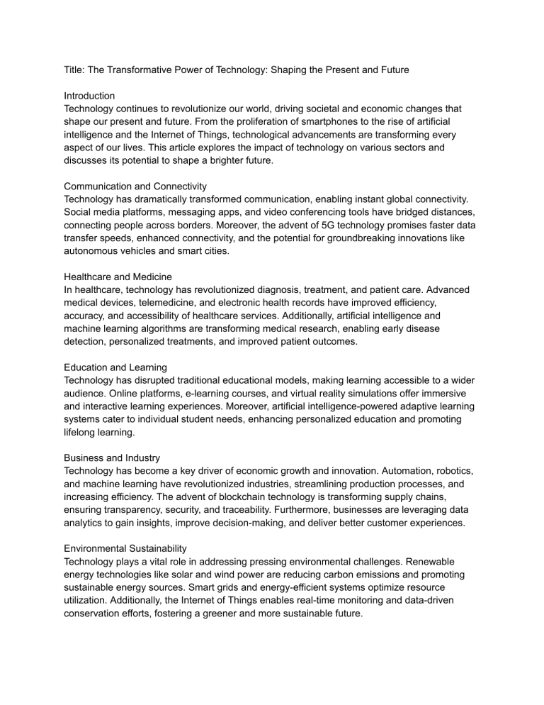 Technology's Transformative Power: Shaping the Future