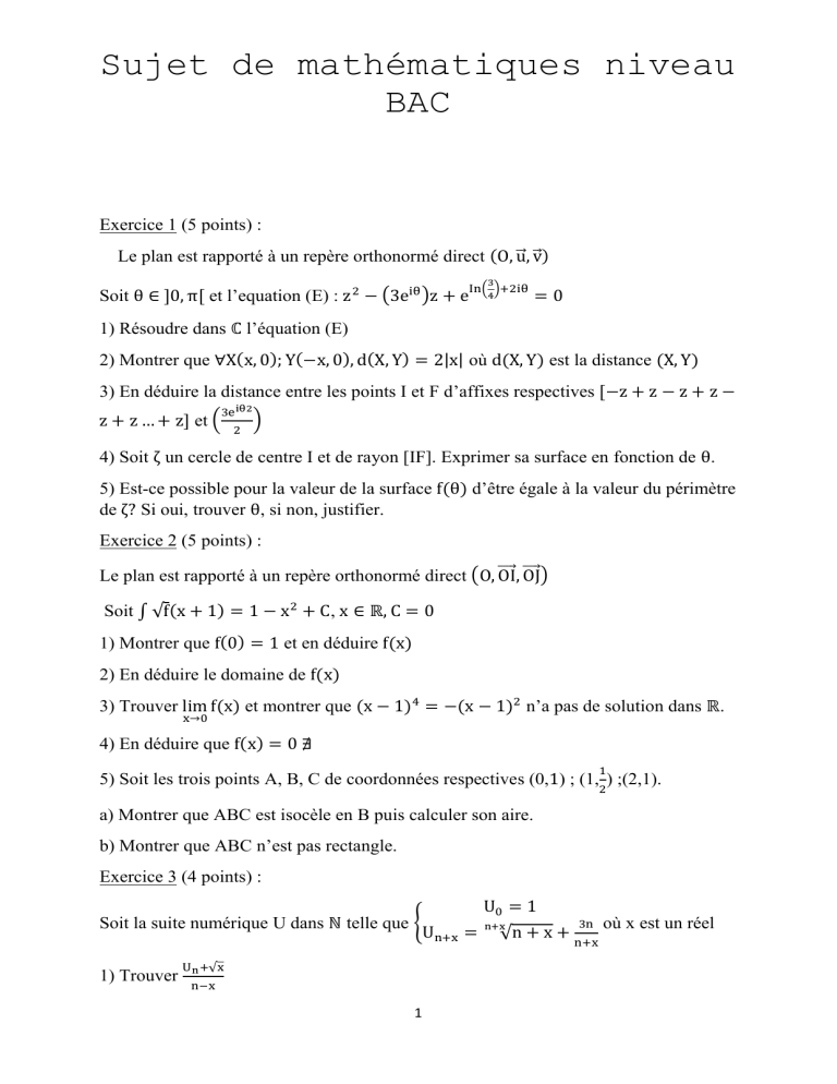 Examen de mathématiques niveau BAC